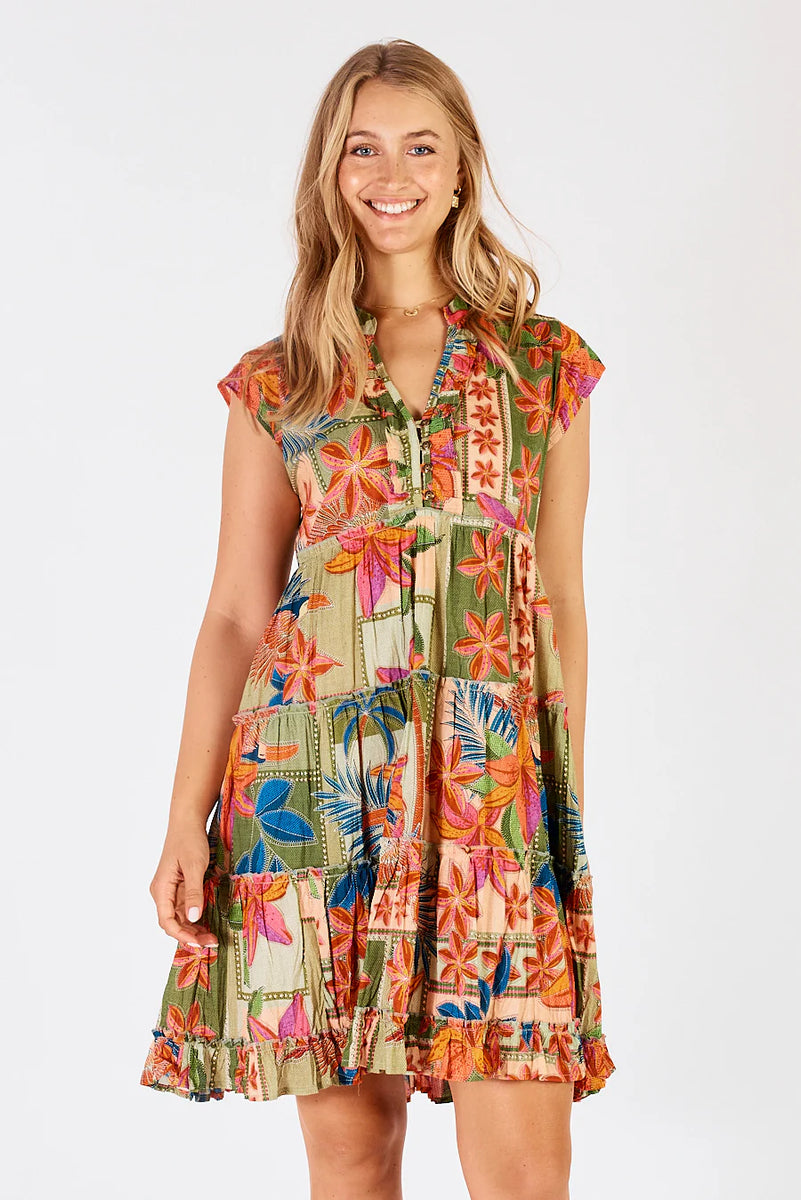 Lulalife Jemma Tiered Dress in Olive – Soft Cotton & Eye-catching Print – Eumundi Style