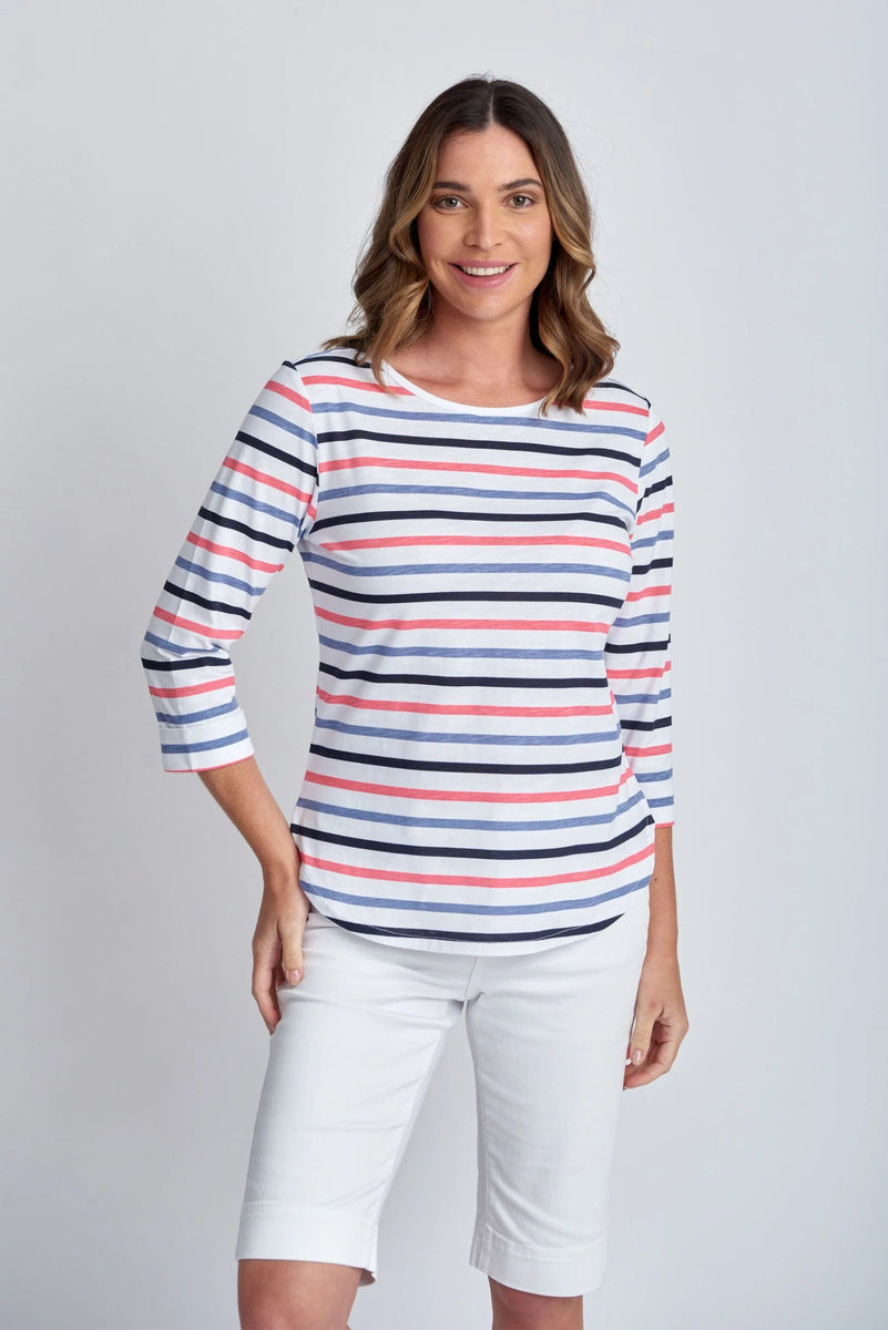 Cotton 3/4 Sleeve Multi Stripe Tee Steel Blue Combo – Eumundi Style