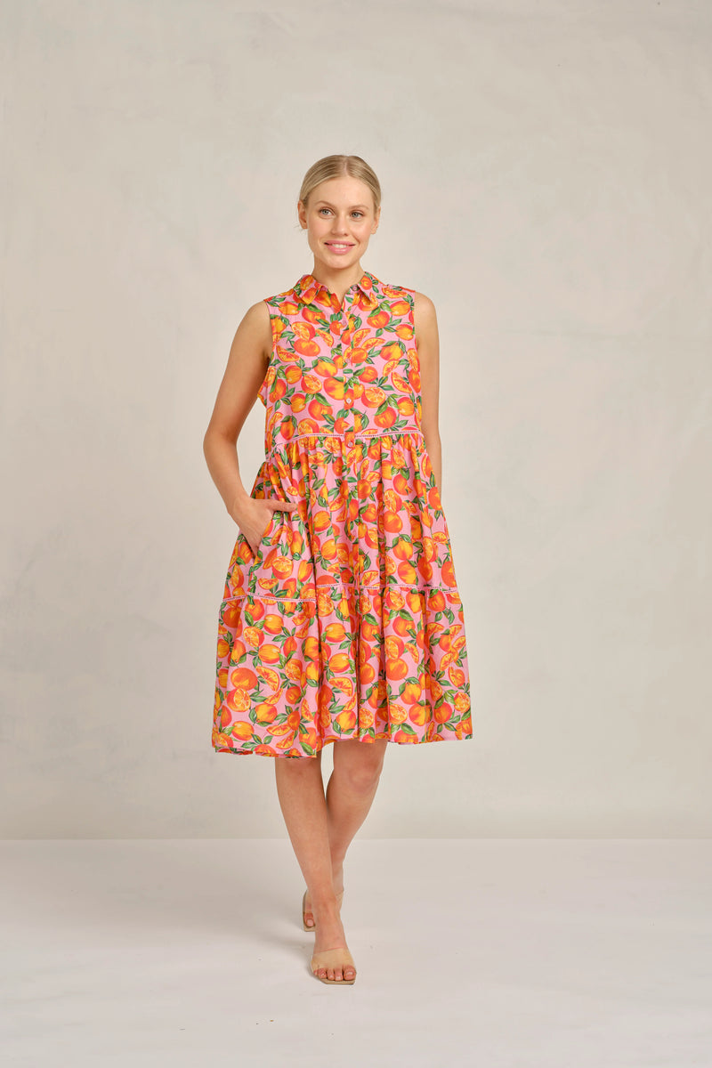 Gigi Cotton Silk Dress Pink Valencia Print | Vibrant Citrus Design ...